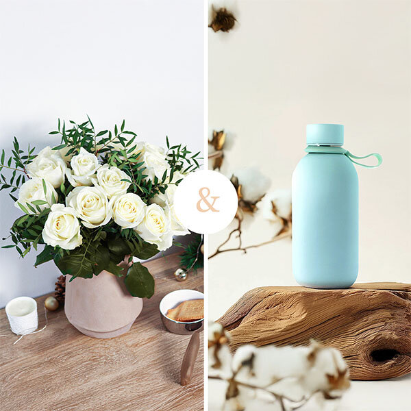 Fleurs et cadeaux "20 ROSES BLANCHES + BOUTEILLE ISOTHERME" - Livraison ...