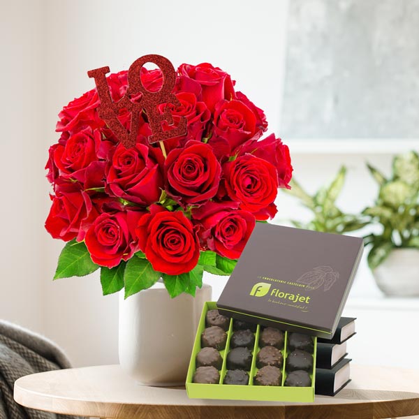 Cadeaux Gourmands "20 ROSES ROUGES + 1 PIC LOVE + ROCHERS" - Livraison ...