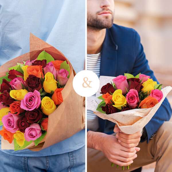 Bouquet de roses "30 ROSES MULTICOLORES + 15 ROSES OFFERTES ...
