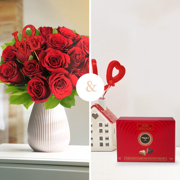 Fleurs et cadeaux "15 ROSES ROUGES + PIC LOVE + BOITE 8 CHOCOLATS ...