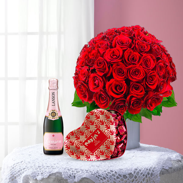 Cadeaux Gourmands "70 ROSES ROUGES + COEUR CHOCOLAT + CHAMPAGNE ROSE ...