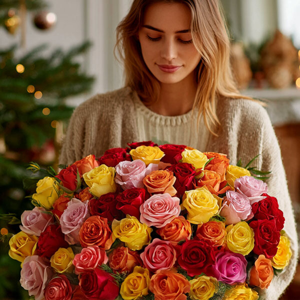 Bouquet de roses "BOUQUET 50 ROSES MULTICOLORES + 10 ROSES OFFERTES ...