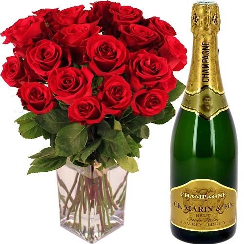 Bouquet de roses "20 ROSES ROUGES ET CHAMPAGNE" - Livraison Express ...
